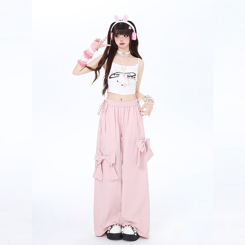 Sweet Dopamine Style Pink Bow Wide Leg Pants