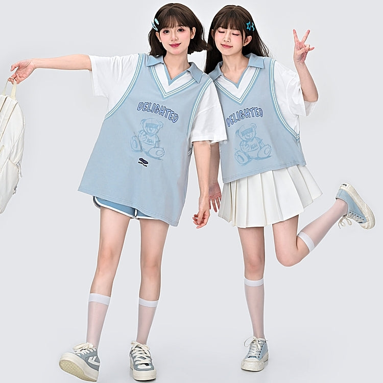 Blue Preppy Style Fake Two Piece Polo T-Shirt