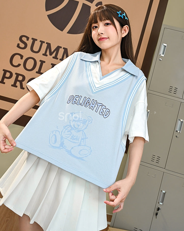 Blue Preppy Style Fake Two Piece Polo T-Shirt