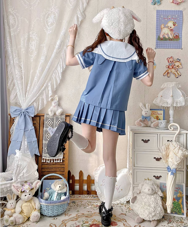 Cute Blue JK Sailor Uniform Skirt Set