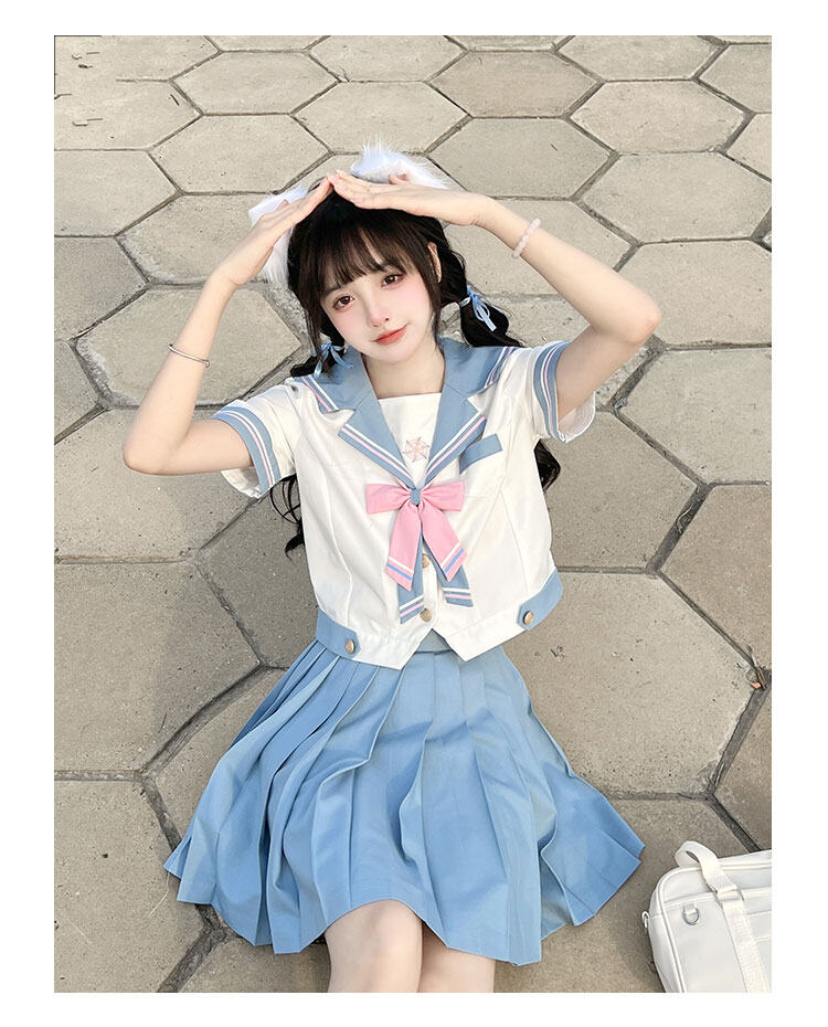 Cute Japanese Light Blue JK Sailor Uniform Skirt Suit