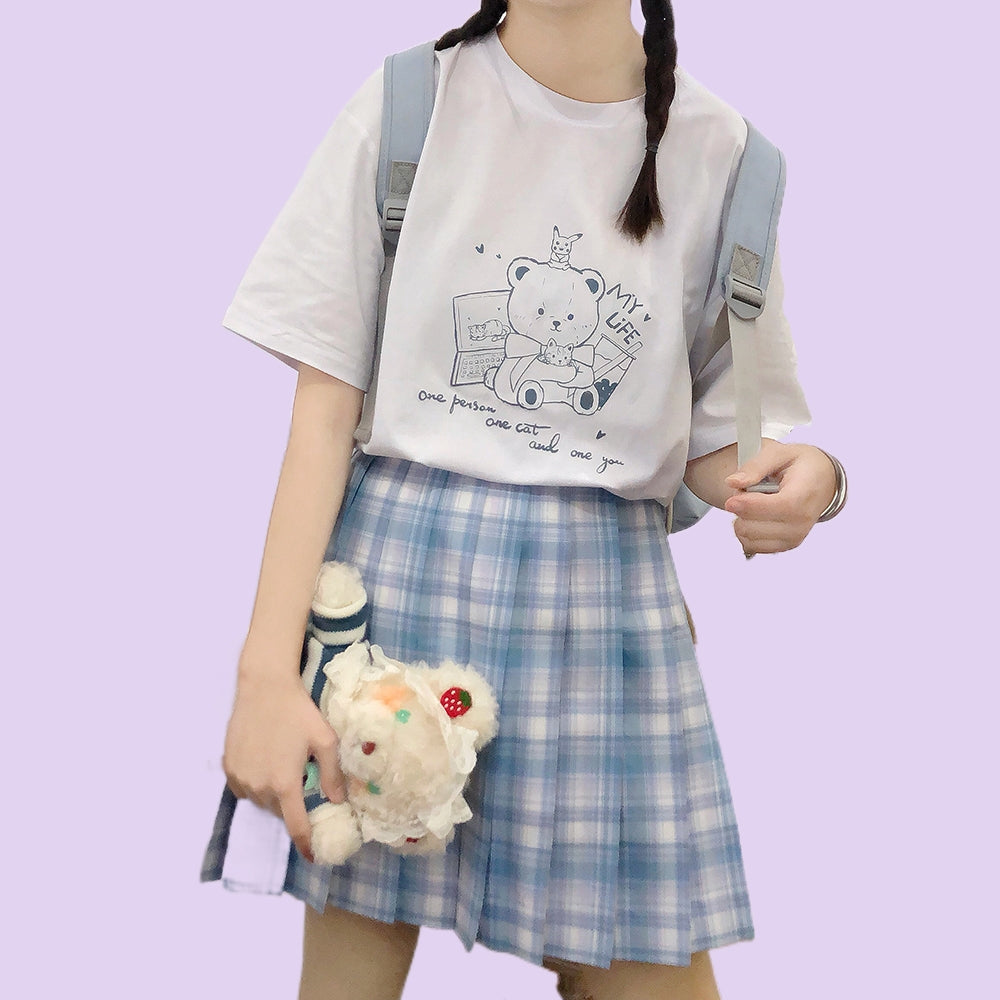 Kawaii Soft Girl Style White Cartoon Bear Print T-shirt